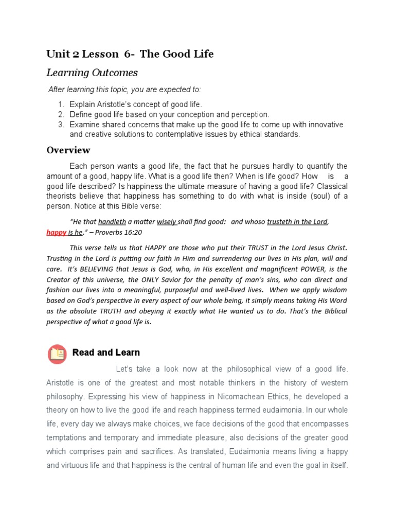 Learning Outcomes: Unit 2 Lesson 6-The Good Life | PDF | Happiness ...