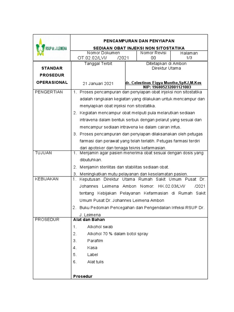 Spo Pencampuran Dan Penyiapan Obat Injeksi Non Sitostatika Rsjl Ambon Pdf
