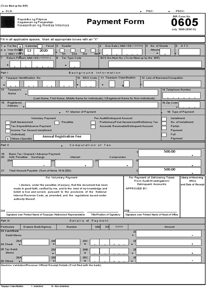 BIR Form 0605 - Annual Registration Fee | PDF | Taxes | Gasoline