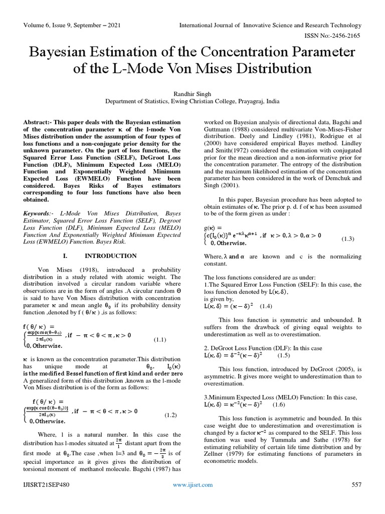 Bayesian Estimation of The Concentration Parameter of The L-Mode Von Mises Distribution | PDF ...