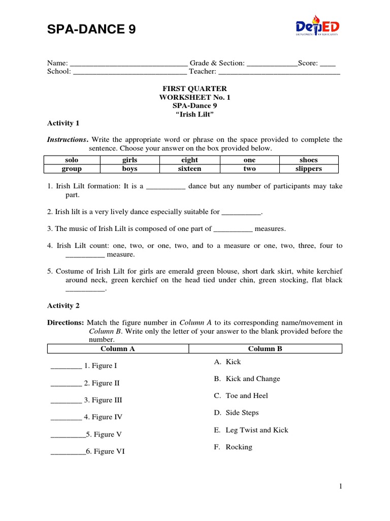 SPA Dance Grade9 DWorkSheet1 | PDF | Performing Arts