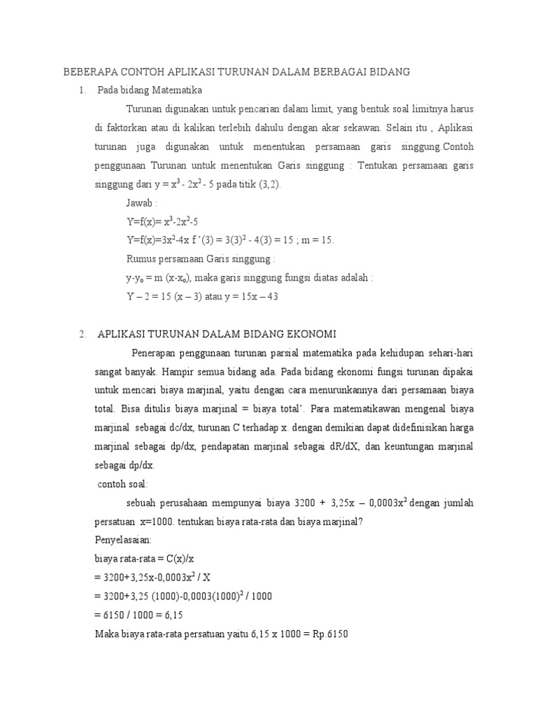 Beberapa Contoh Aplikasi Turunan Dalam Berbagai Bidang | PDF