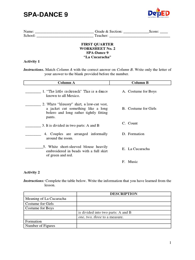 Spa Dance Grade9 Dworksheet2 Pdf Blouse Fashion
