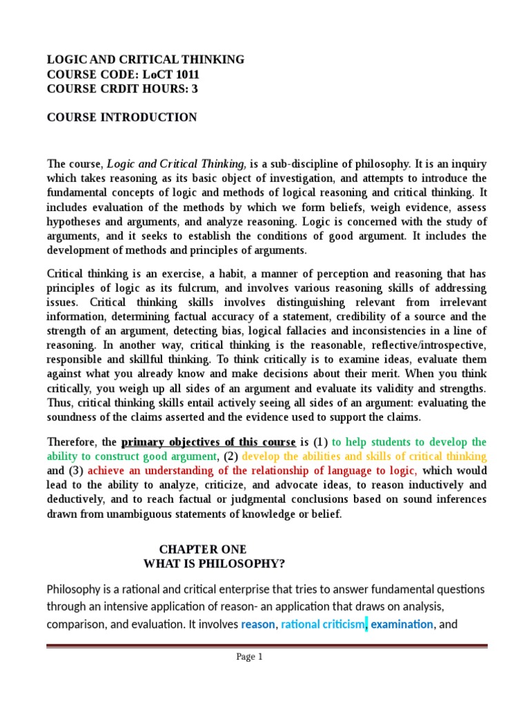 Course Introduction: Logic and Critical Thinking Course Code: Loct 1011 Course Crdit Hours: 3 ...