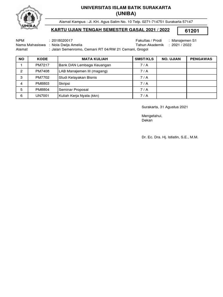 Kartu-Ujian-Tengah MHS Nim 2018020017 Semester 20211 20210831 1436 | PDF