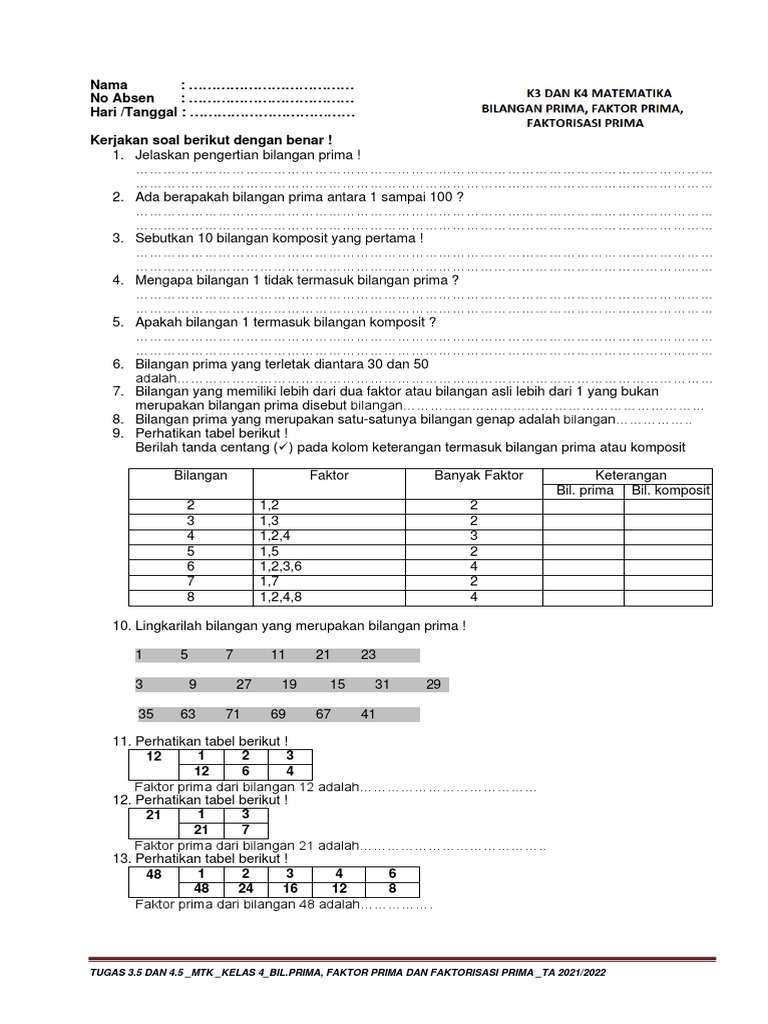 Soal Bilangan Prima, Faktor Prima Dan Faktorisasi Prima Dan K4 Bil ...