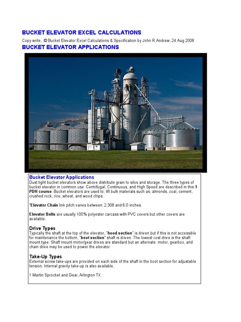 Bucket Elevator Excel Sheet | PDF | Microsoft Excel | Elevator