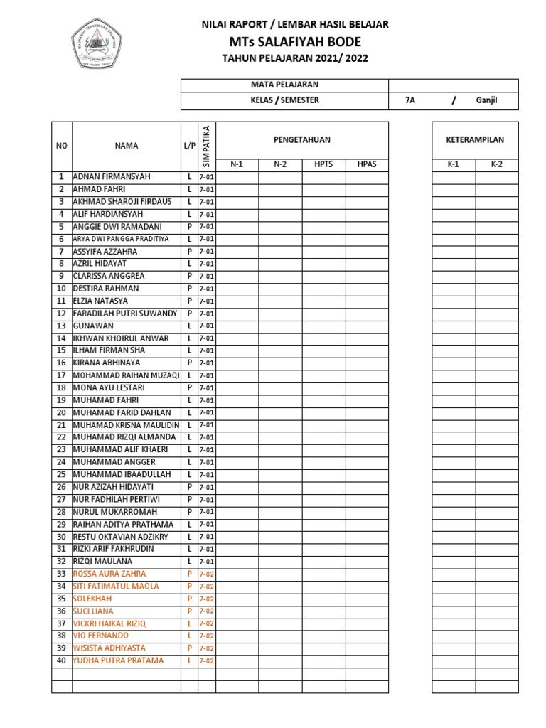 Blangko Nilai Ujian 21-22 Fix | PDF