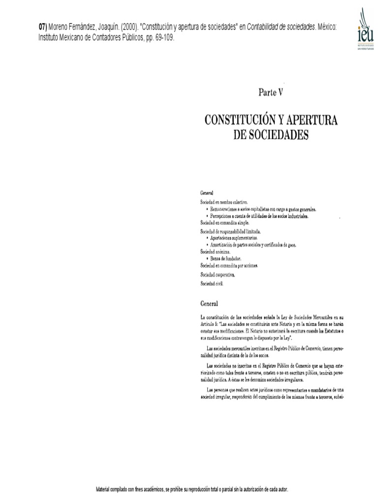 07) Moreno Fernández, Joaquín. (2000) - "Constitución y Apertura de Sociedades" en Contabilidad ...
