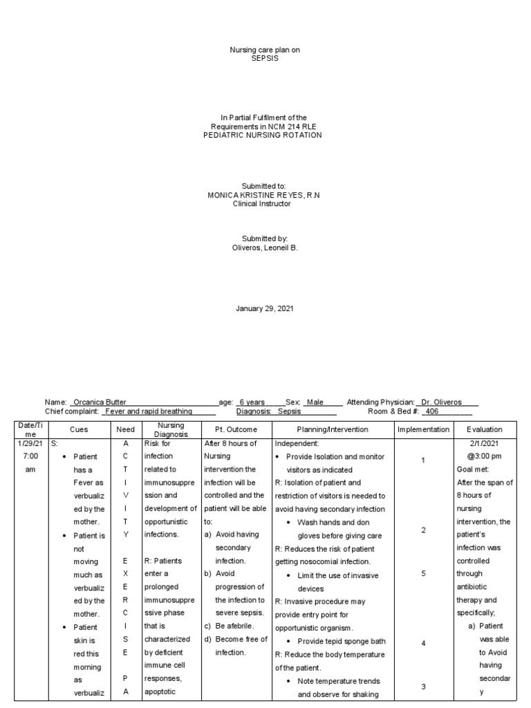 Nursing Care Plan On Sepsis | PDF | Infection | Sepsis