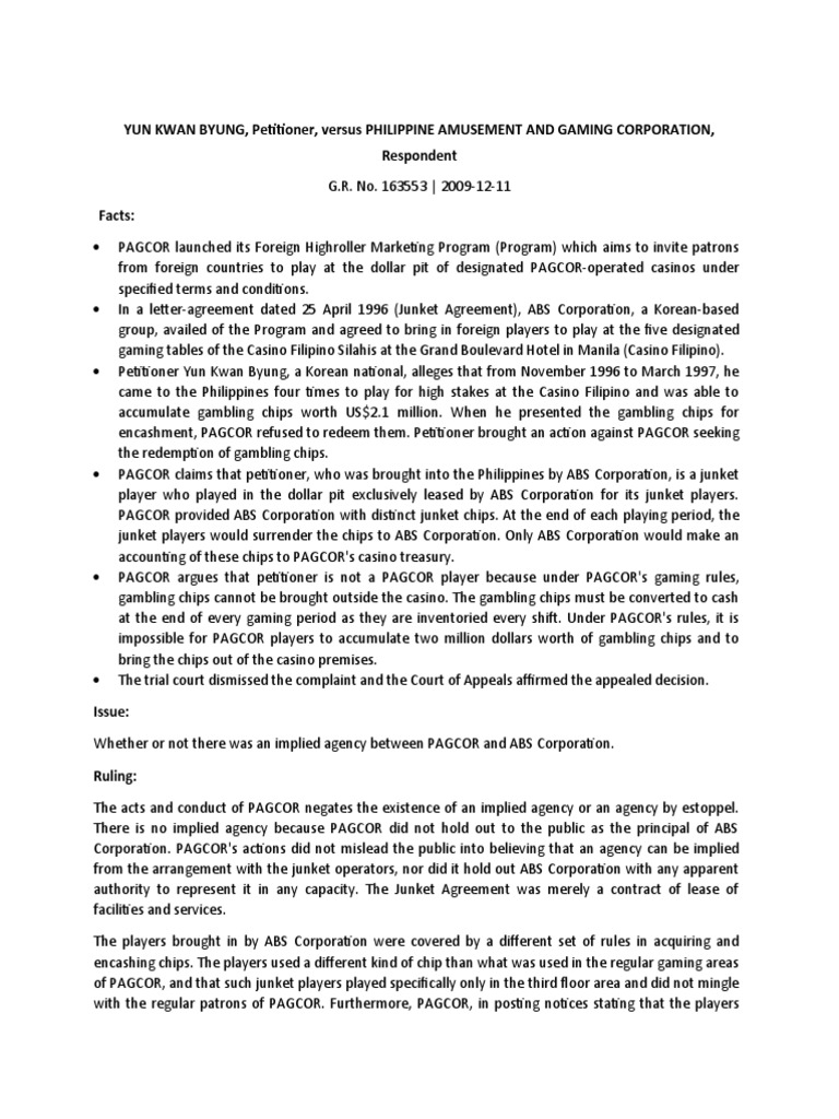 PAGCOR Not Liable for Junket Player's Gambling Debts | PDF | Law Of ...