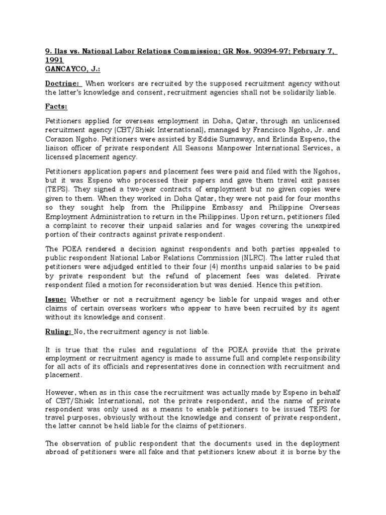 Ilas vs. National Labor Relations Commission GR Nos. 90394-97 February ...