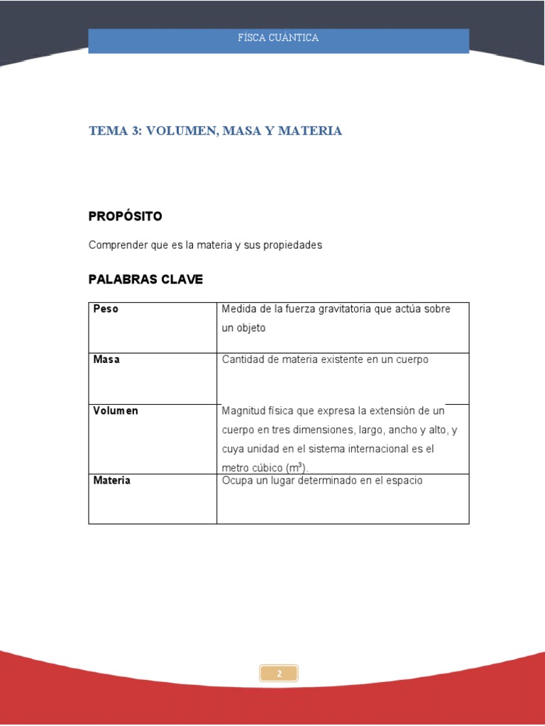 Propiedades fundamentales de la materia: volumen, masa y peso | PDF ...