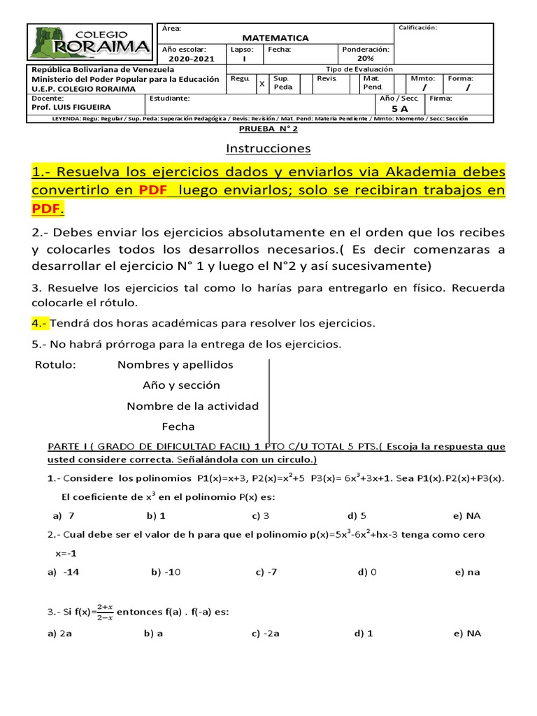 Prueba 2 5a 1er Lapso 2020 | PDF | Factorización | Matemáticas