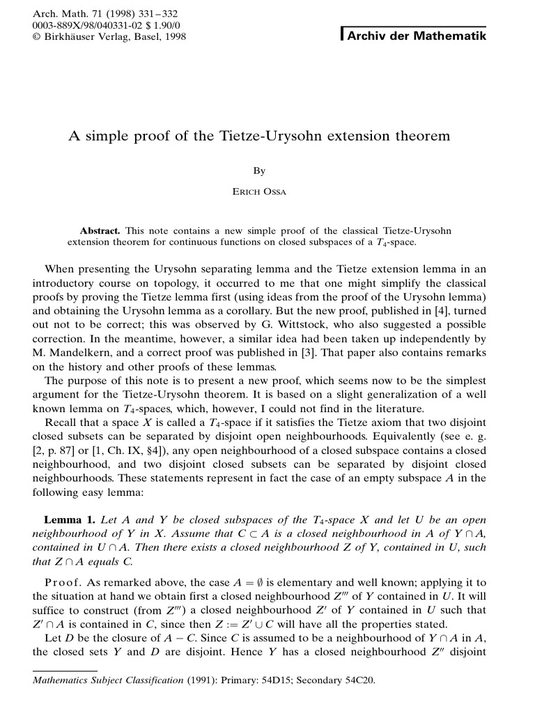 A Simple Proof of The Tietze-Urysohn Extension Theorem - Erich Ossa | PDF | Continuous Function ...