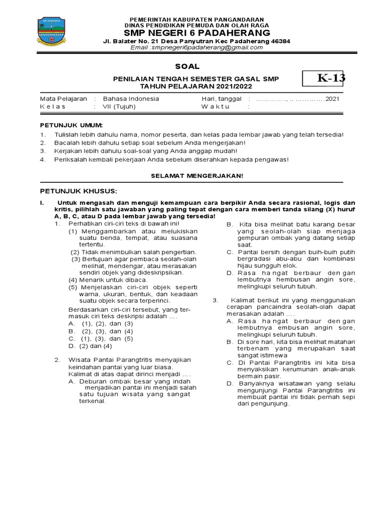 Soal PTS 1 B.Indonesia Kelas VII K13 | PDF