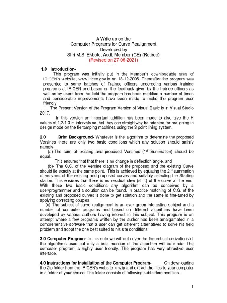 A Write Up On The Computer Programs For Curve Realignment Developed by Shri M.S. Ekbote, Addl ...