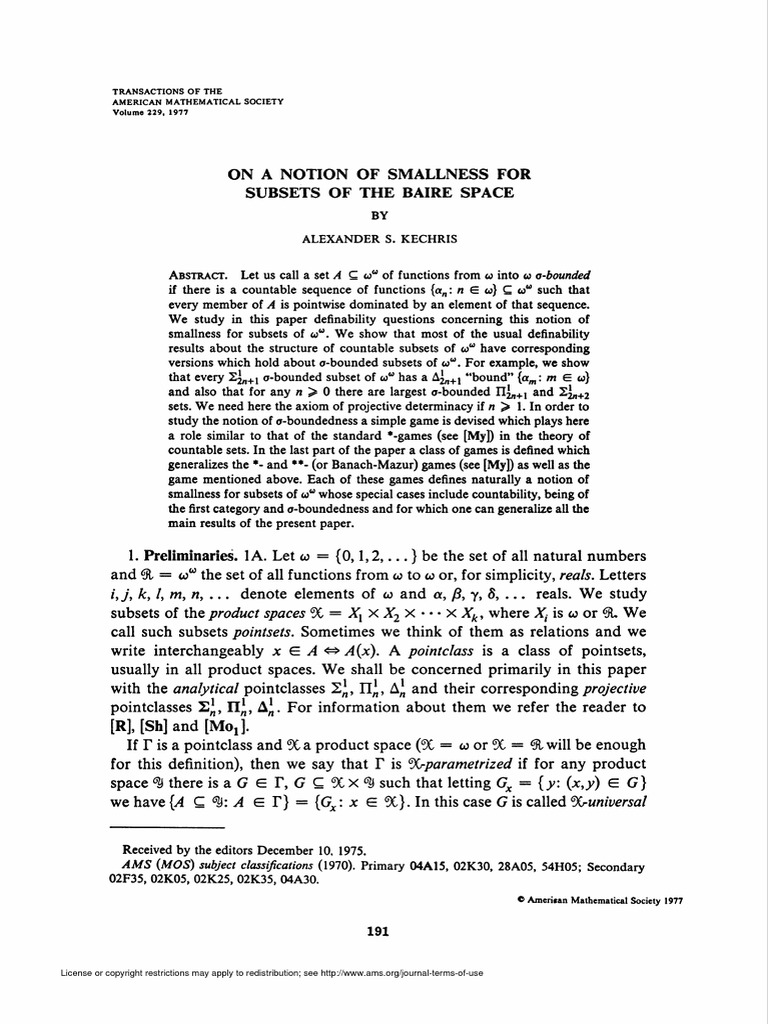 On A Notion of Smallness For Subsets of The Baire Space - A. Kechris ...