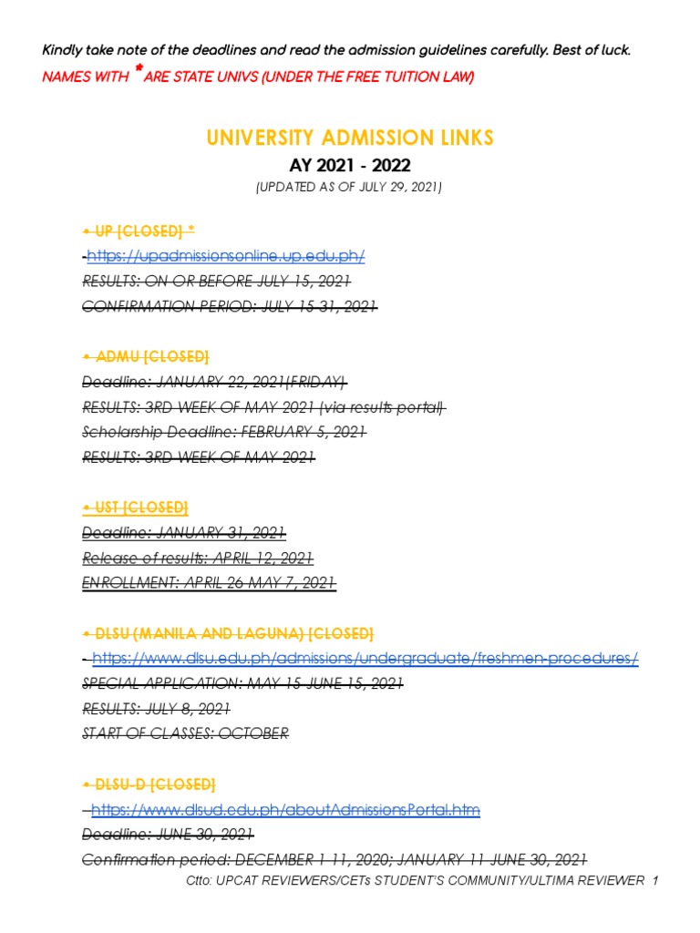University Admission Links 2021-2022 | PDF | Philippines