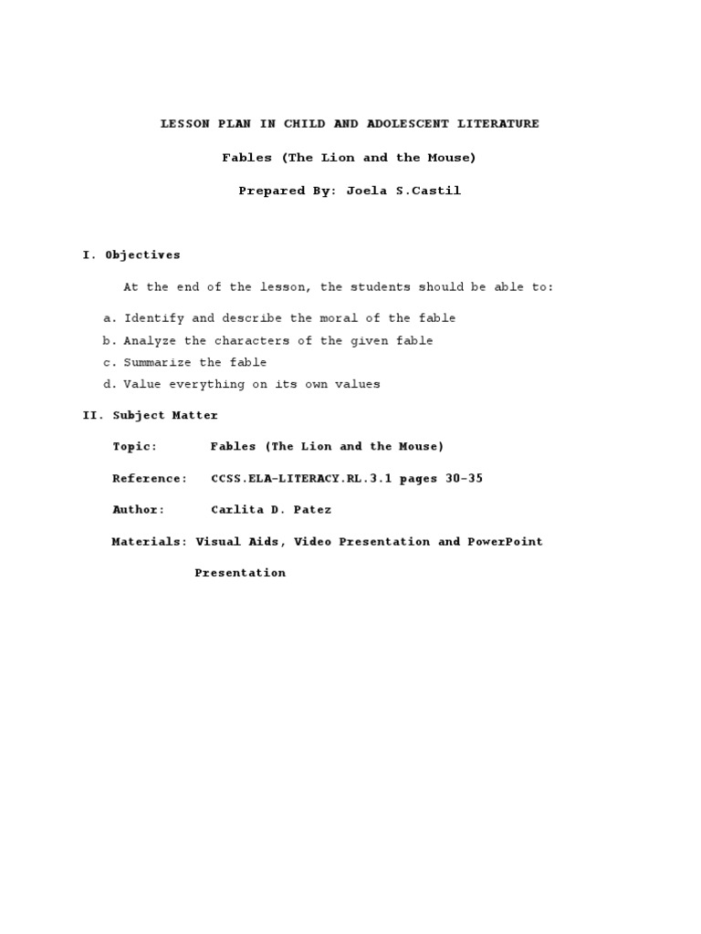 Fable - The Lion and The Mouse Lesson Plan | PDF | Fable | Lesson Plan