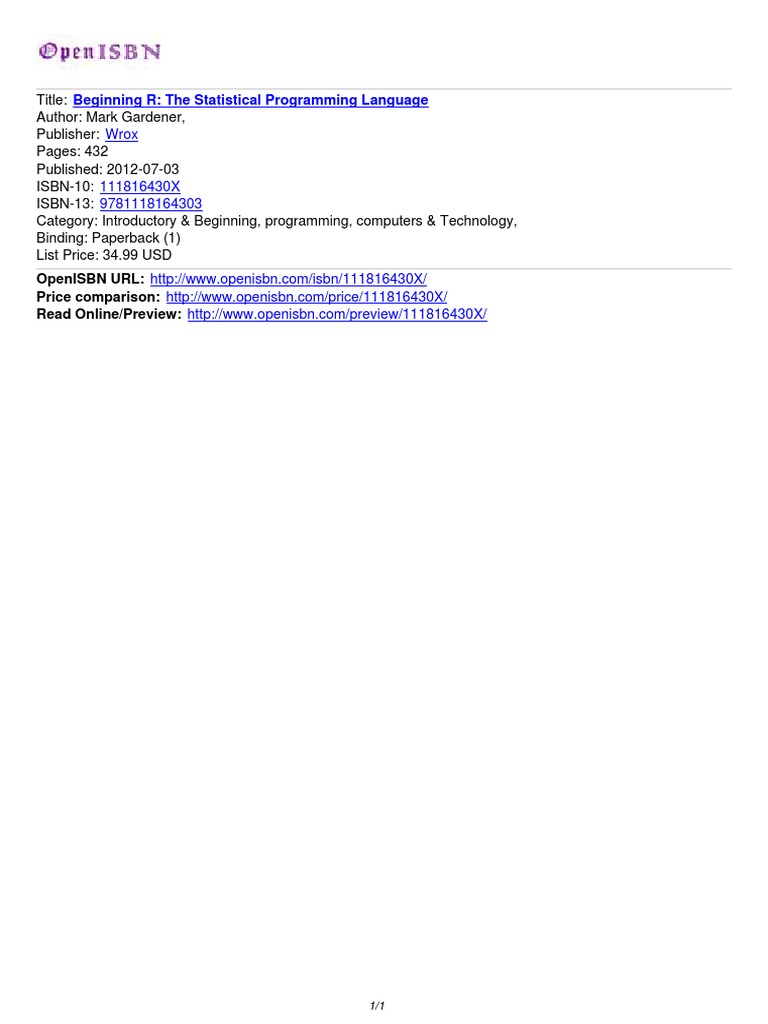 Beginning R: The Statistical Programming Language: Openisbn Url: Price Comparison: Read Online ...
