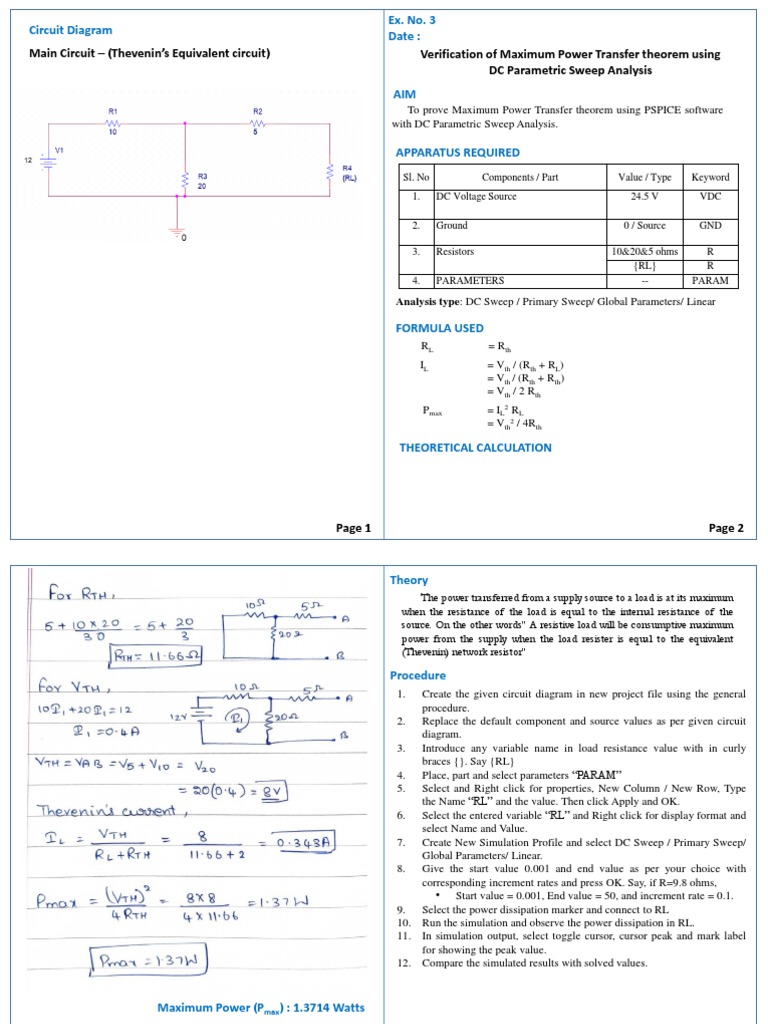 Simulation Exp. 3 Maximum Power Transfer Theorem | PDF | Electrical Network | Computer Engineering