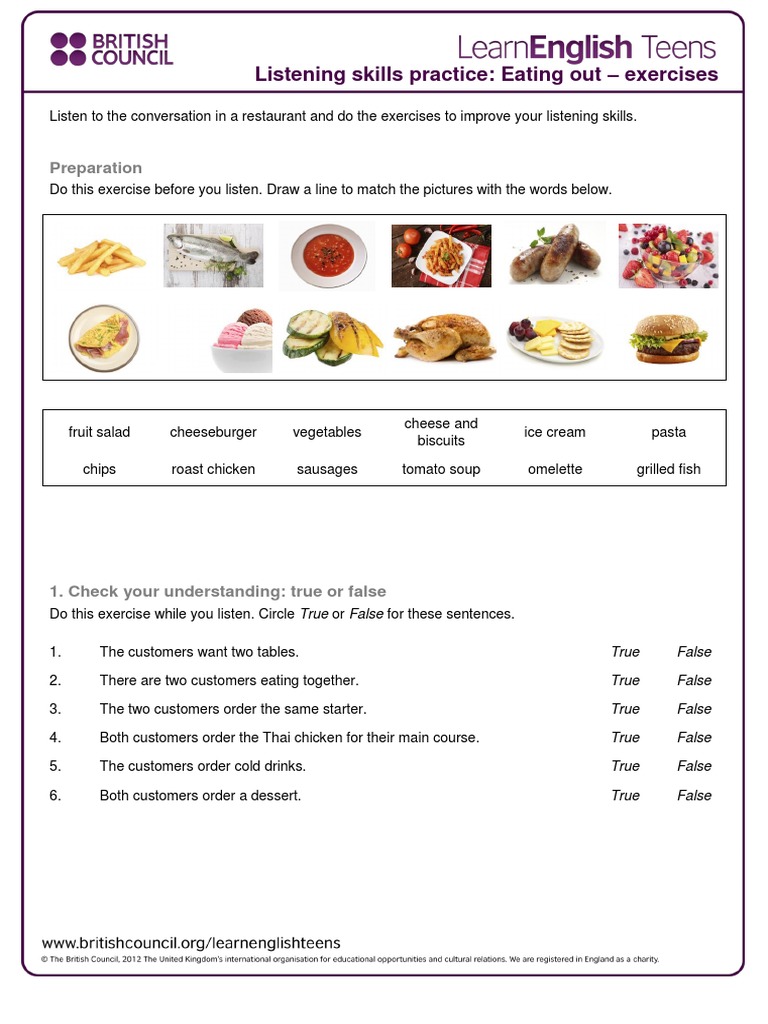 A2 Listening Exercises: Eating Out | PDF
