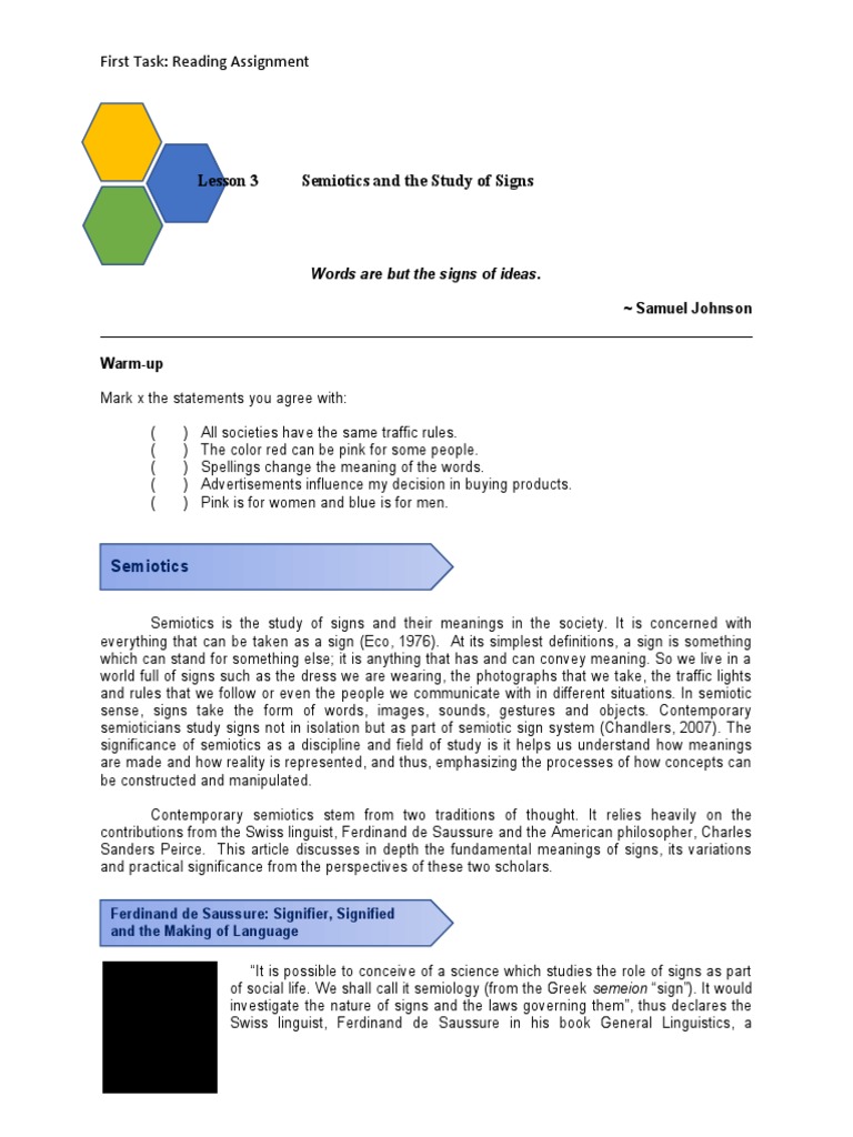Lesson 3 Semiotics and The Study of Signs: First Task: Reading Assignment | PDF | Semiotics ...