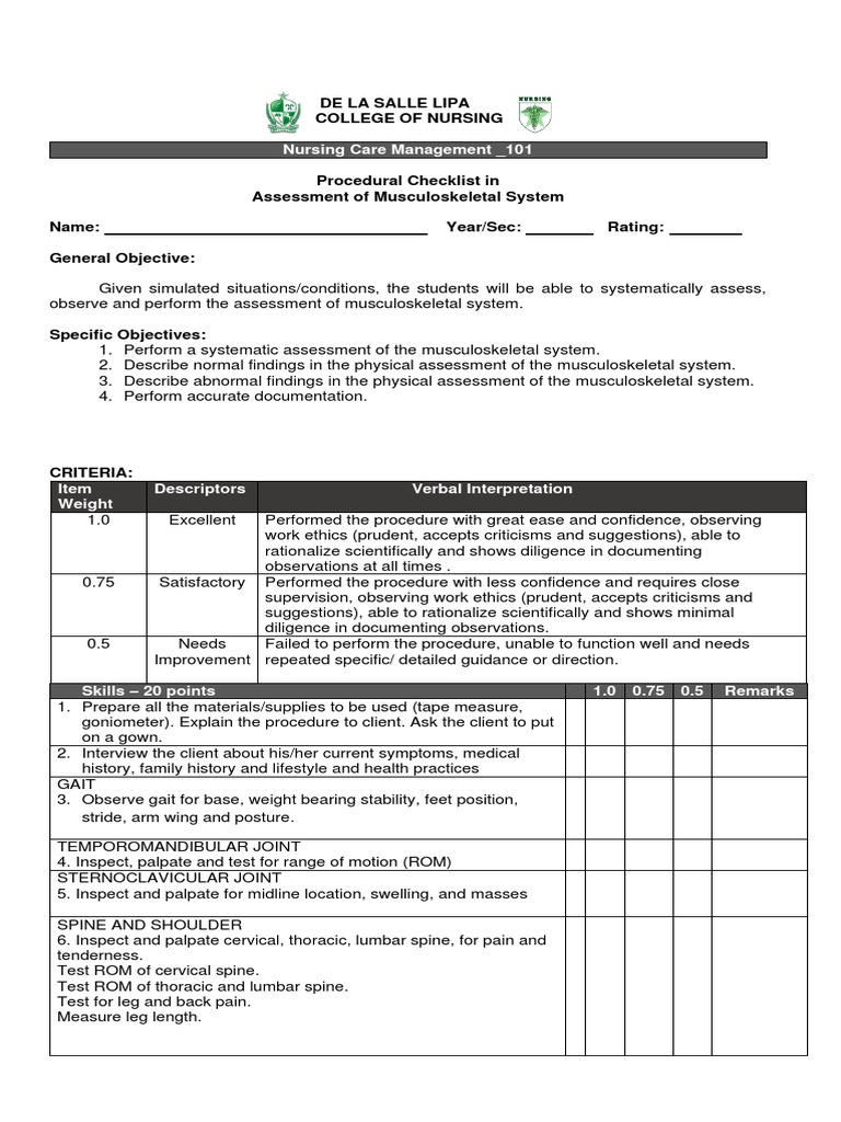 Musculoskeletal Assessment Checklist | PDF | Vertebral Column | Hand