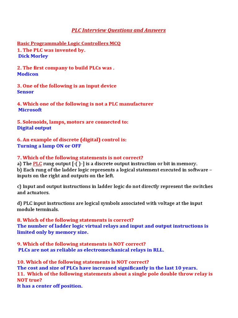 PLC Interview Questions and Answers | PDF | Programmable Logic Controller | Relay