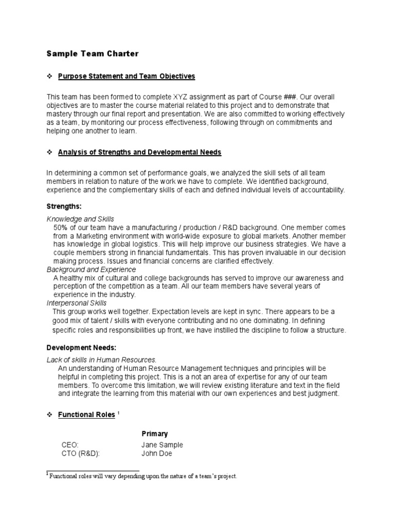 Sample Team Charter: Purpose Statement and Team Objectives | PDF ...