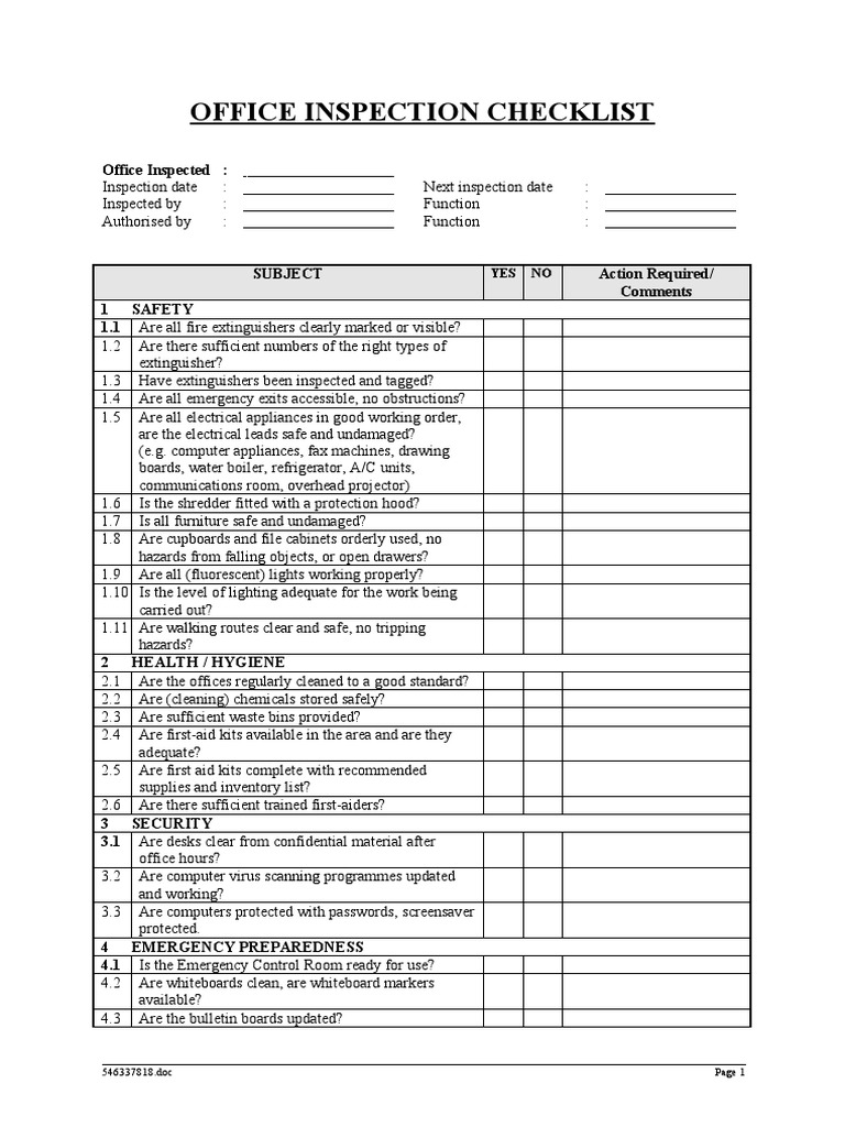 Office Inspection Checklist | PDF | Safety