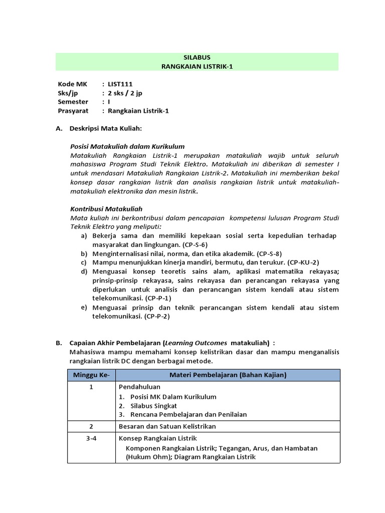 Silabus Rangkaian Listrik 1 | PDF