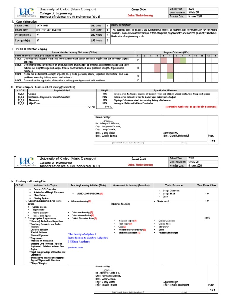 University of Cebu (Main Campus) Course Guide | PDF | Trigonometry ...