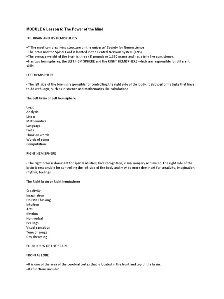 MODULE 6 Lesson 6: The Power of The Mind | PDF | Lateralization Of ...