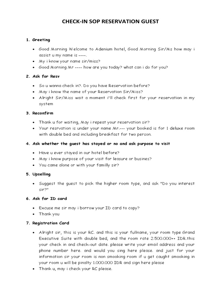 Check-In Sop Reservation Guest: 1. Greeting | PDF | Credit Card | Credit