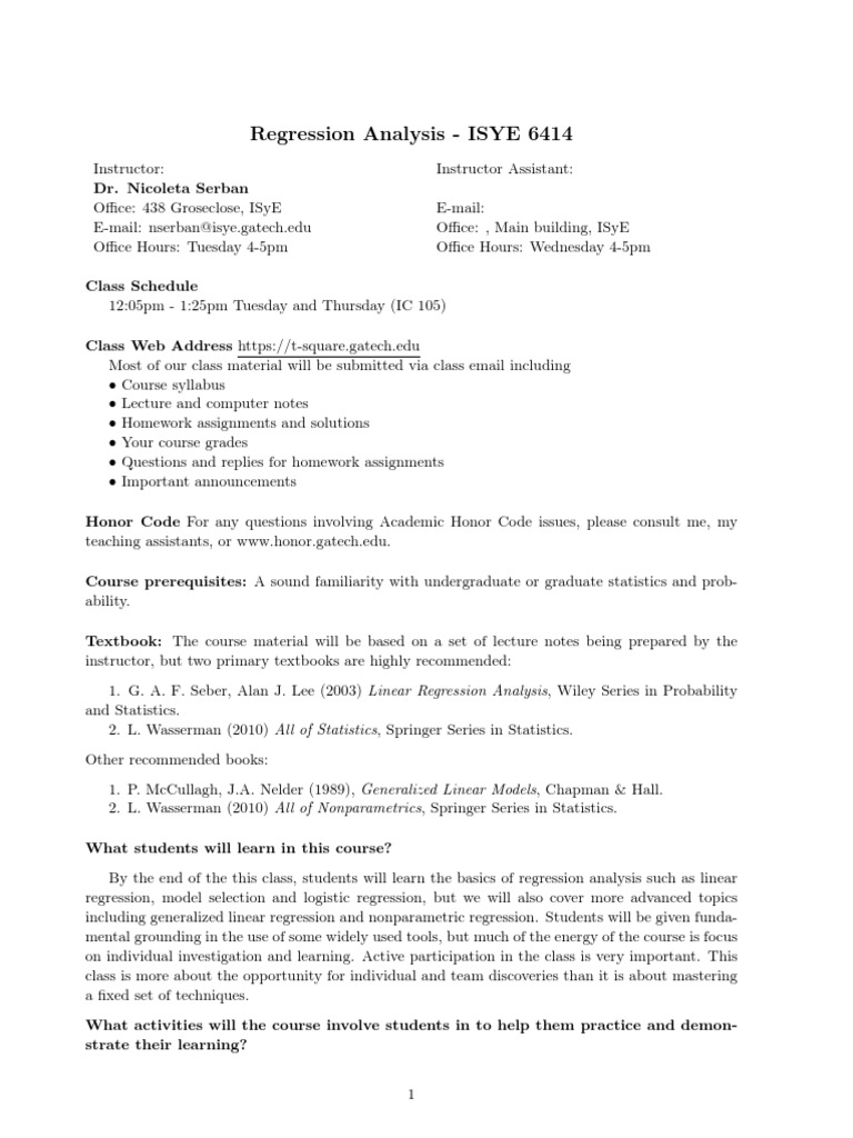 ISYE 6414 Syllabus | PDF | Regression Analysis | Linear Regression