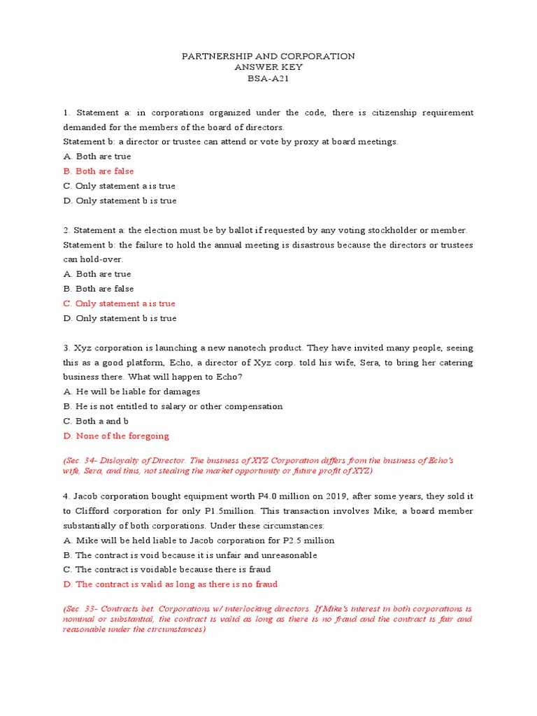 ParCor Answer Key To Questions | PDF | Corporations | Stocks