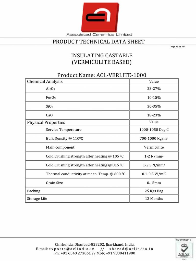Insulating Castable (Vermiculite Based) | PDF