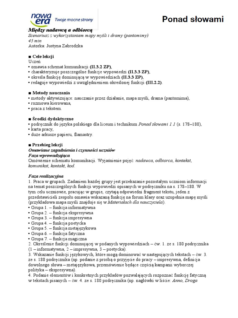 Scenariusz Lekcji Miedzy Nadawca A Odbiorca | PDF