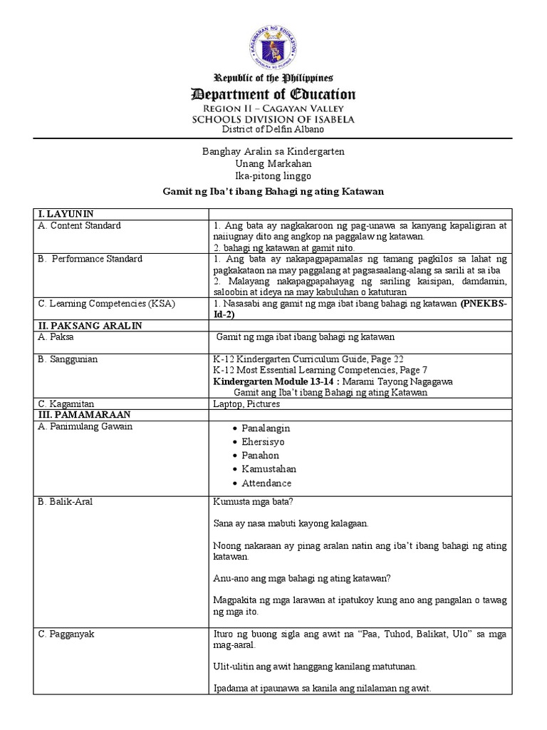 Semi Detailed Lesson Plan in Kindergarten q1 w7 Obj 1 Eriza Mae Dolores ...