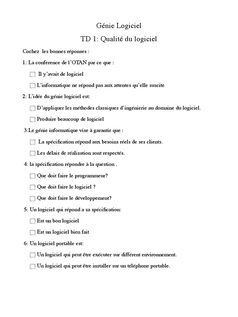 QCM Introduction Génie Logiciel 01 | PDF