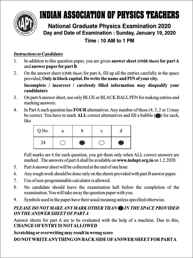 IAPT National Graduate Physics Exam Instructions | PDF | Inductance | Diffraction