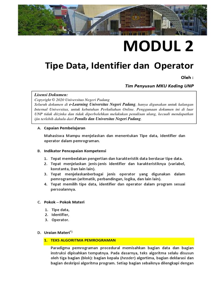Modul2 Tipe Data Identifier Dan Operator 02 Pdf 0504