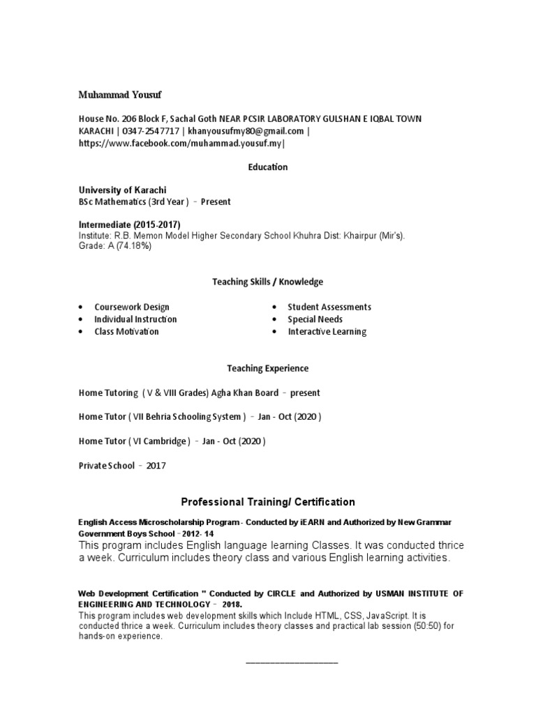 Teacher Resume Format in | PDF