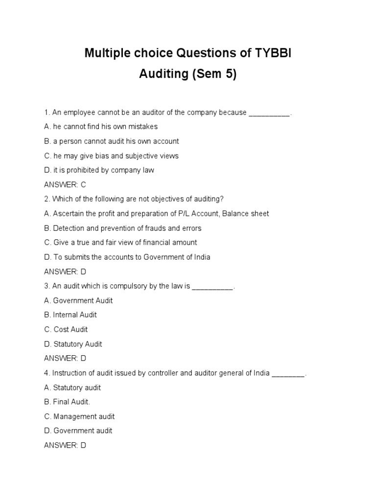 Multiple Choice Questions of TYBBI Auditing (Sem 5) | PDF | Audit | Expense