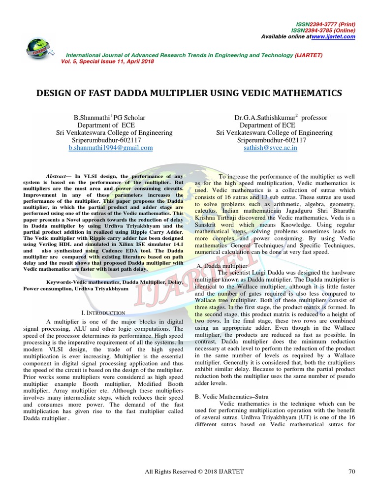 Design of Fast Dadda Multiplier Using Vedic Mathematics: Sathish@svce ...
