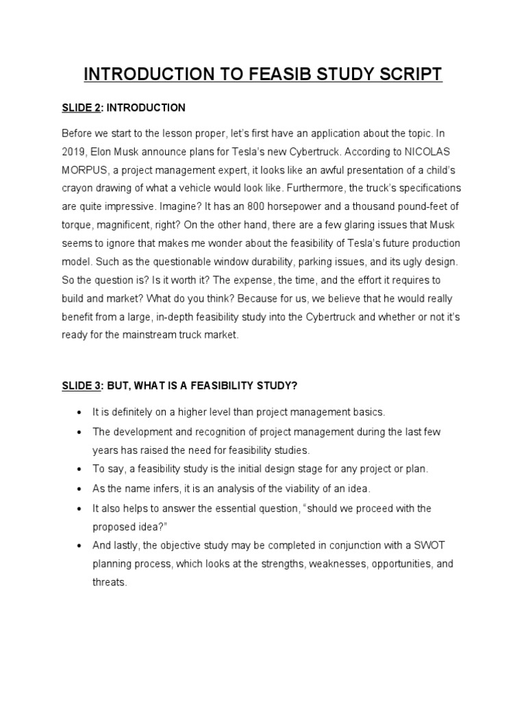 Introduction To Feasib Study Script: Slide 2 | PDF | Feasibility Study ...