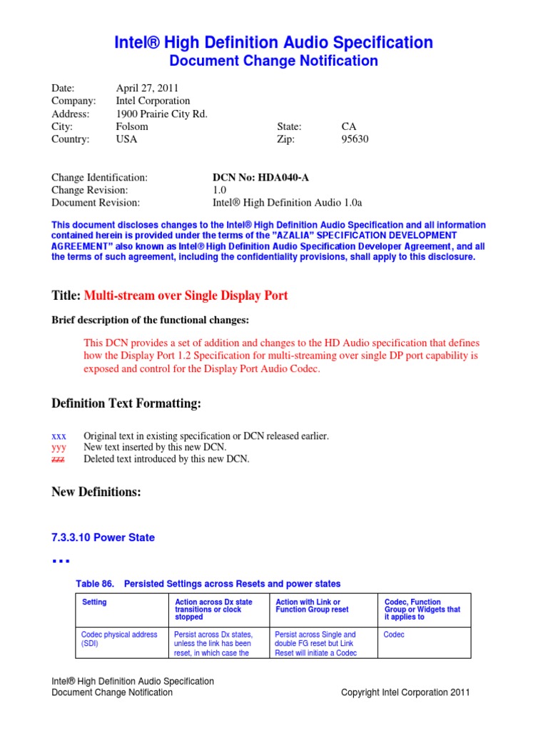 Intel® High Definition Audio Specification: Document Change Notification | Download Free PDF ...