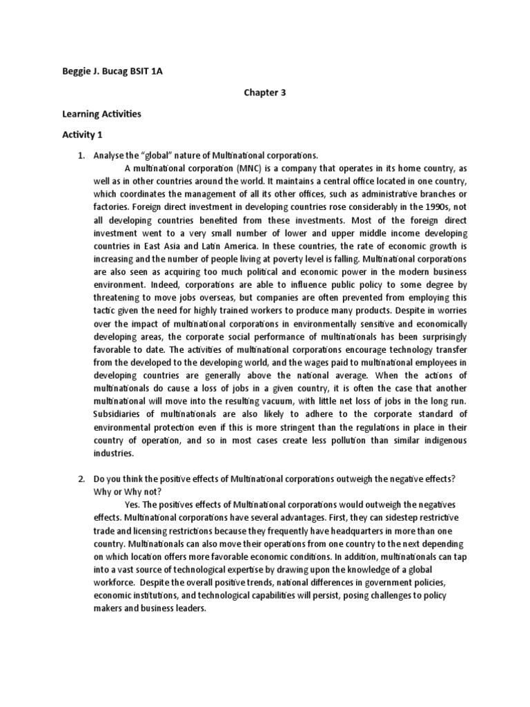 Chapter 3 (Activities & Task) | PDF | Multinational Corporation | Business
